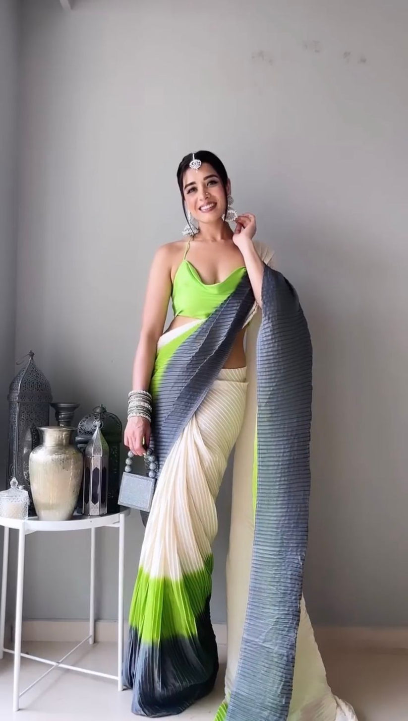 Beautiful colour Pleated Designer Saree on Gorgette febric with Digita